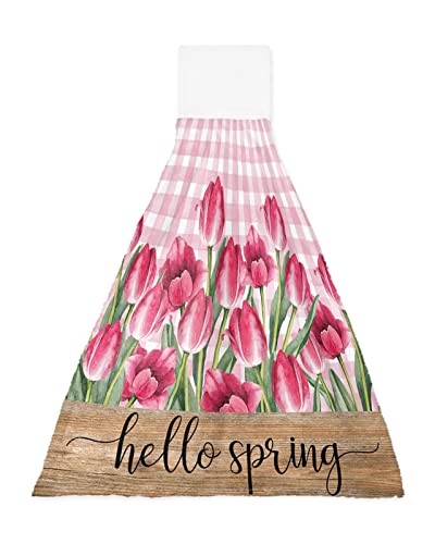 1 Pcs Hanging Towel Pink Tulip Farm Hello Spring Hand Towels Dish Towel for Kitchen Bathroom Absorbent Tie Towels Tea Bar Towels with Loop