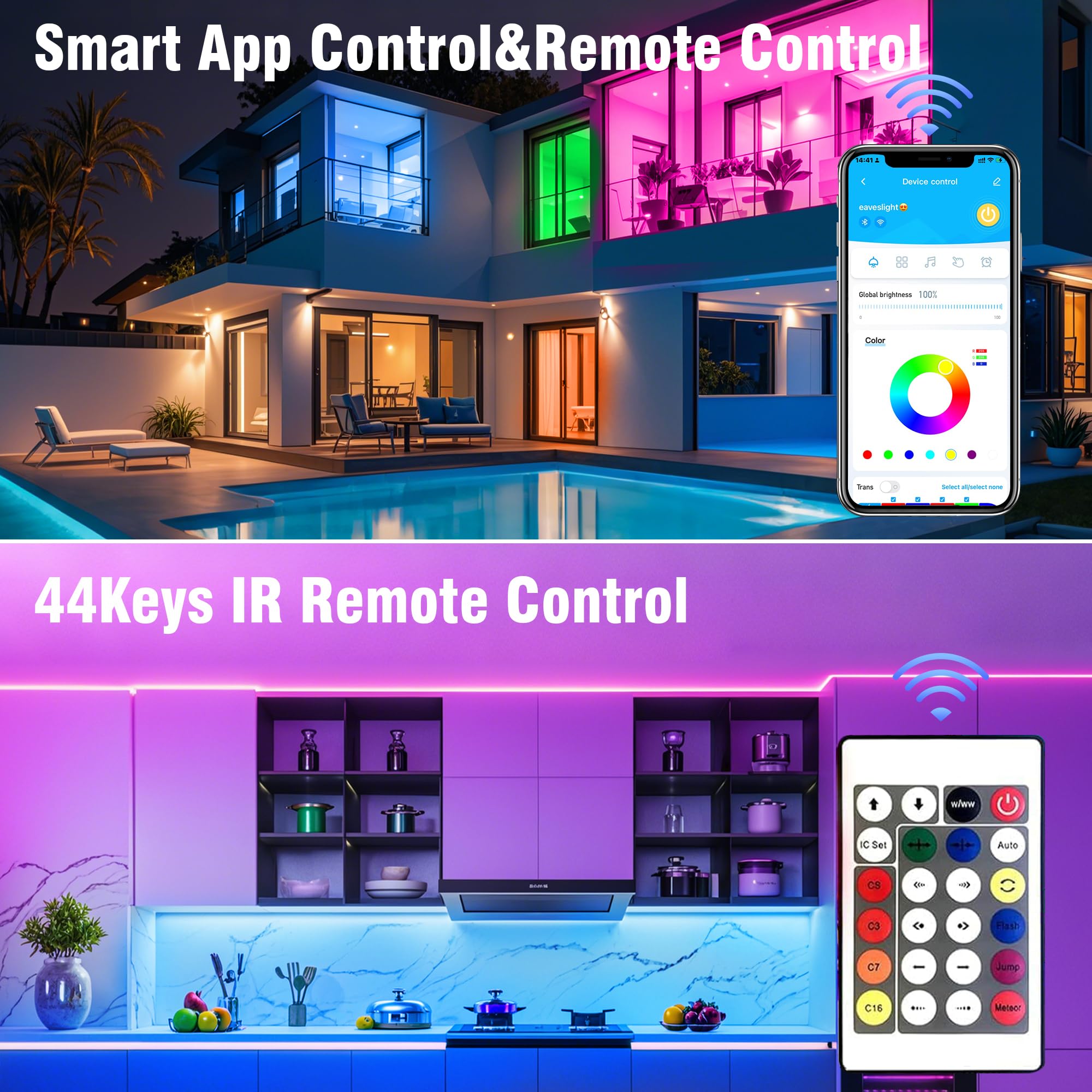 VOLIVO 100ft RGB Led Strip Lights, Color Changing Led Light Strips Kit with 24 Keys IR Remote Control, Music Sync Lighting for Bedroom, Room, Home