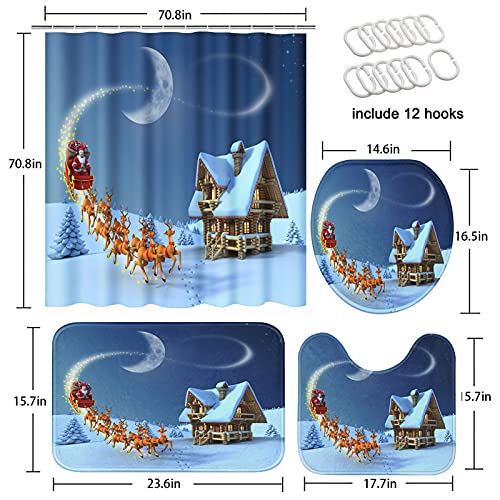 ArtSocket 4 Pcs Shower Curtain Set Christmas Night Scene Santa Claus with Non-Slip Rugs Toilet Lid Cover and Bath Mat Bathroom Decor Set 72" x 72"