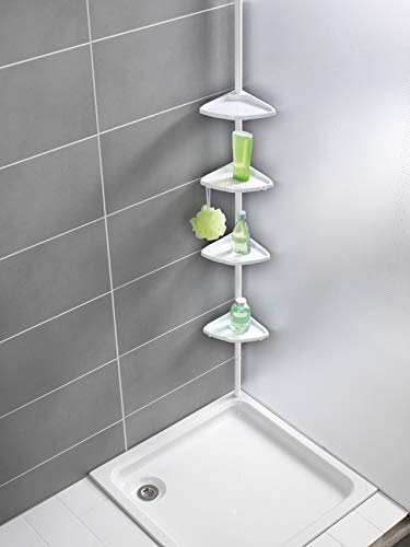 WENKO, White, Tension Pole, Caddy, Corner Shower Storage, 4 Shelves, 4 Hooks, Dimensions 10.2 x 30.7-108.3 x 7.7 108.3 x 7.7 inch