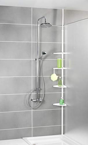 WENKO, White, Tension Pole, Caddy, Corner Shower Storage, 4 Shelves, 4 Hooks, Dimensions 10.2 x 30.7-108.3 x 7.7 108.3 x 7.7 inch