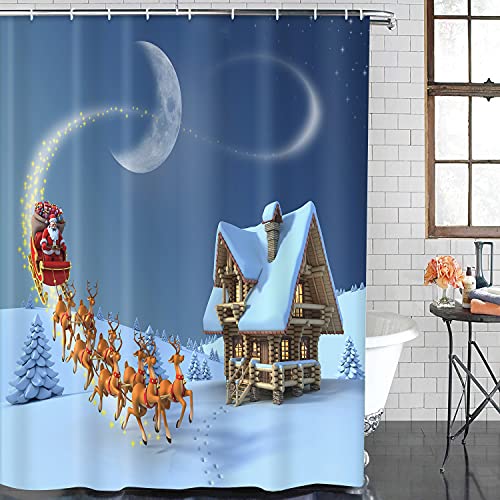 ArtSocket 4 Pcs Shower Curtain Set Christmas Night Scene Santa Claus with Non-Slip Rugs Toilet Lid Cover and Bath Mat Bathroom Decor Set 72" x 72"