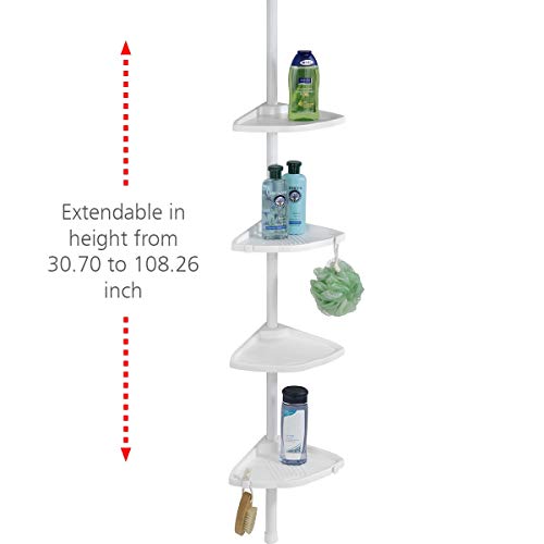 WENKO, White, Tension Pole, Caddy, Corner Shower Storage, 4 Shelves, 4 Hooks, Dimensions 10.2 x 30.7-108.3 x 7.7 108.3 x 7.7 inch