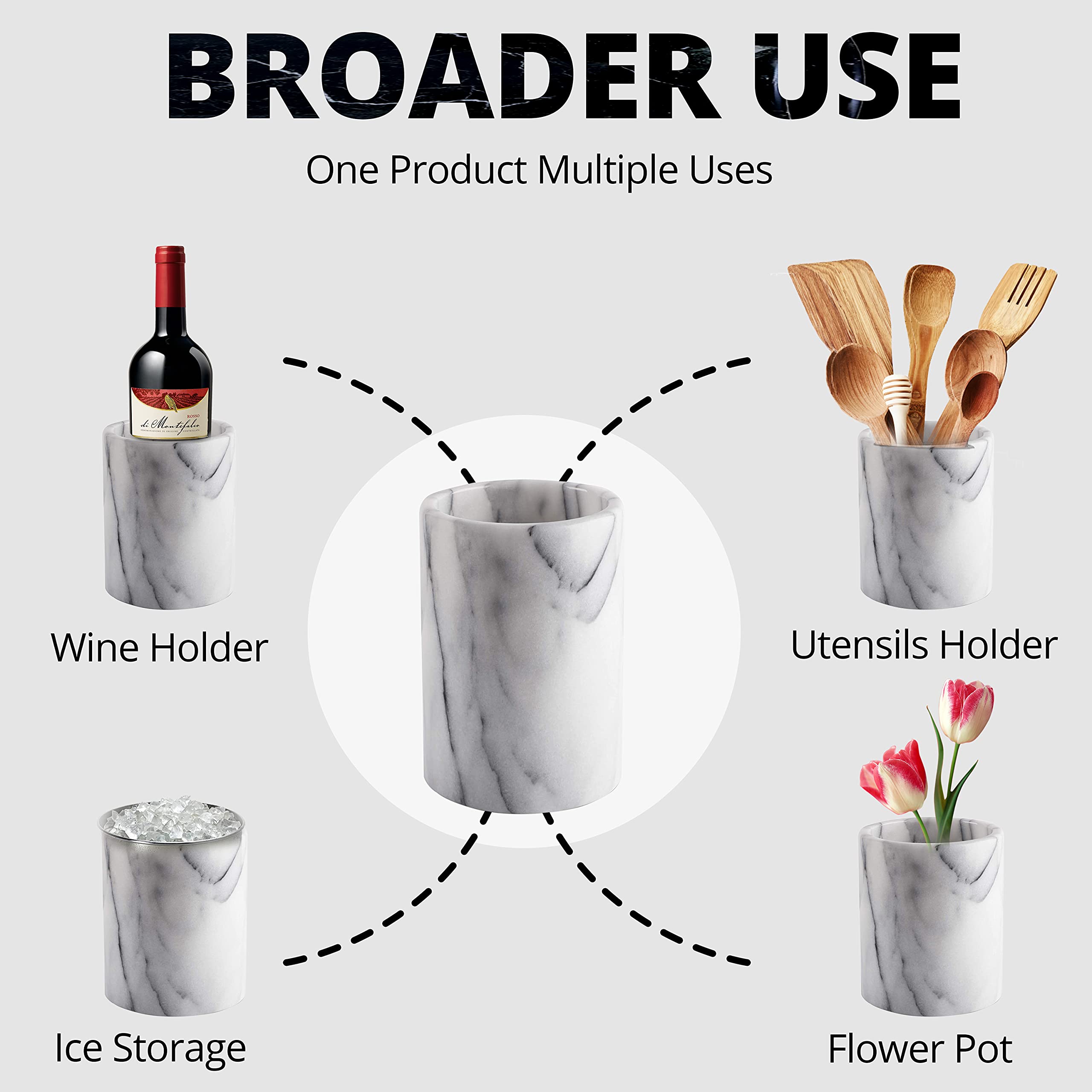 TheWolfard Handmade Luxury White Marble ChampagneWine Cooler Bucket and Utensils Holder , Best for Kitchen Accessories & Housewarming Gifts., 7X5X5