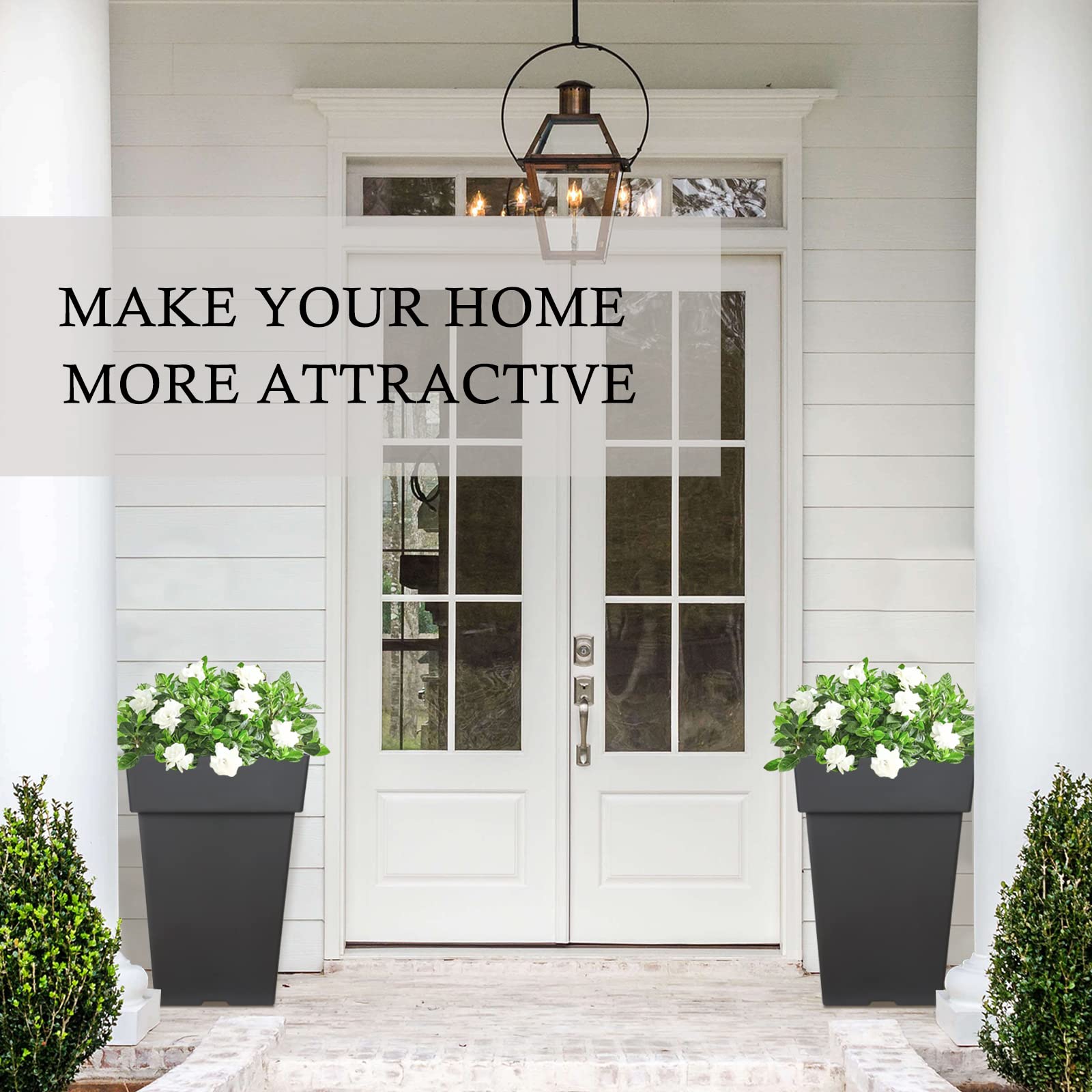 kubvici Tall Planters for Outdoor Plants, 20 Inch Movable Drainage Large Indoor Planters, Set of 2 Plastic Planters for Front Porch Door Garden Balcony Deck, Dark Gray 20"