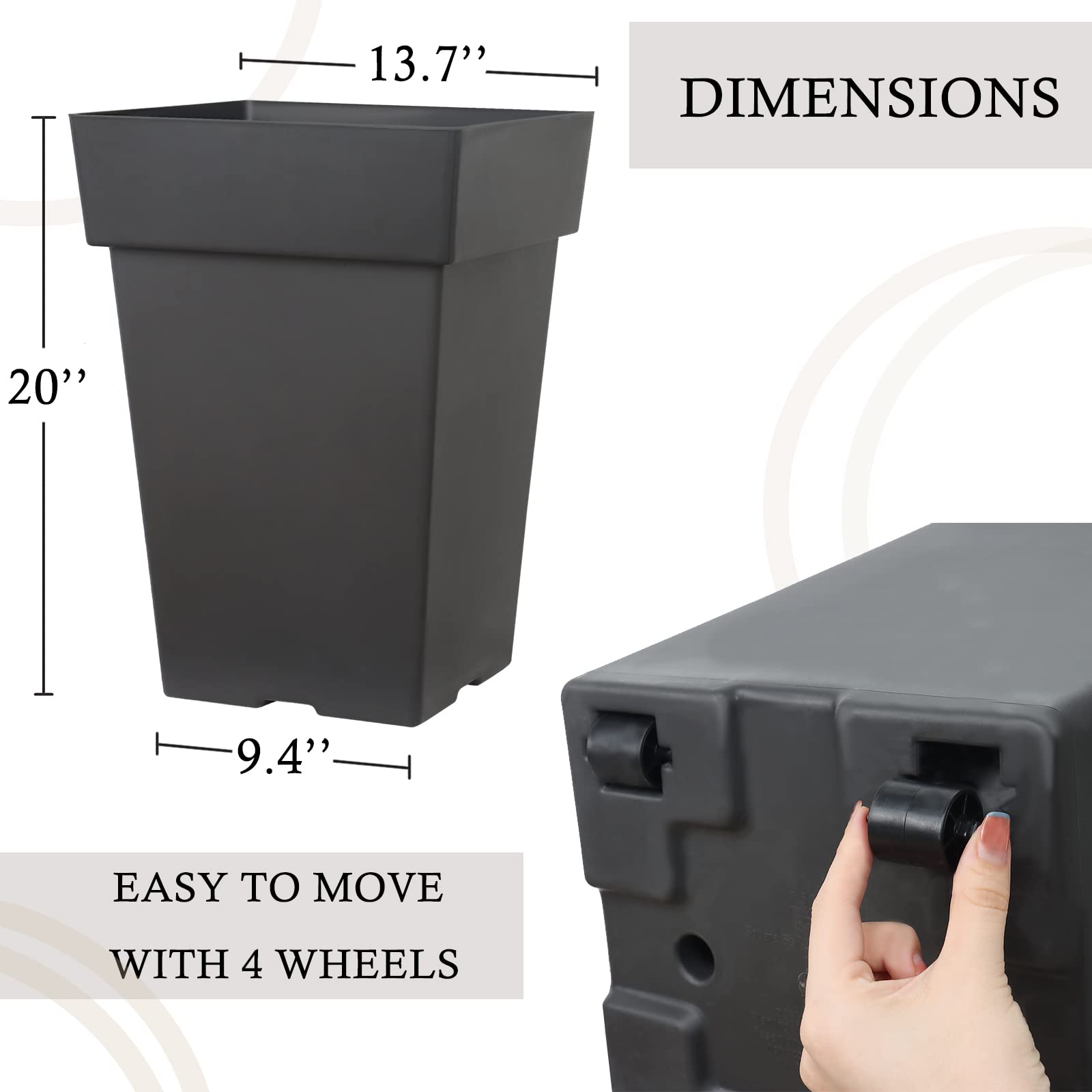 kubvici Tall Planters for Outdoor Plants, 20 Inch Movable Drainage Large Indoor Planters, Set of 2 Plastic Planters for Front Porch Door Garden Balcony Deck, Dark Gray 20"