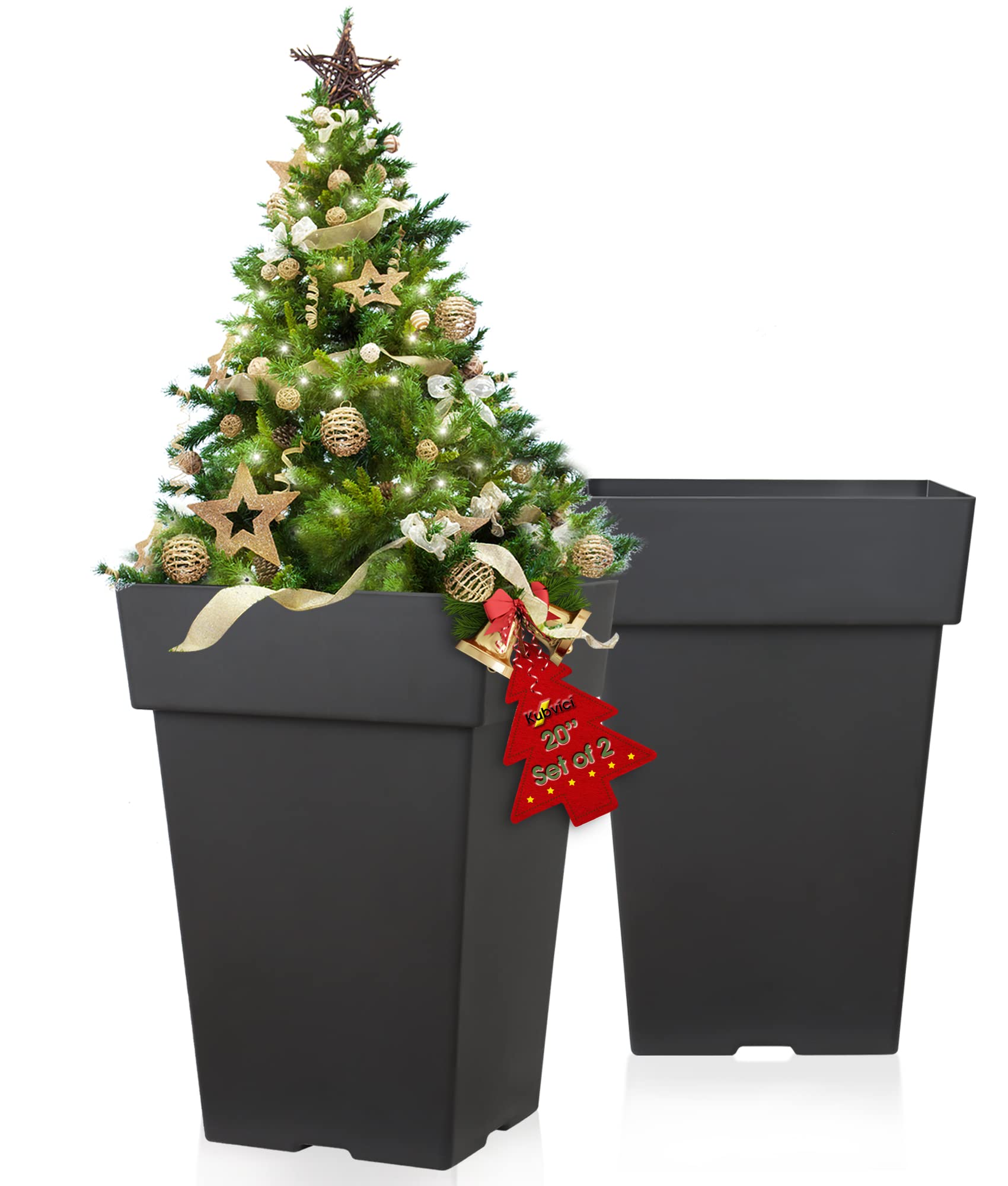 kubvici Tall Planters for Outdoor Plants, 20 Inch Movable Drainage Large Indoor Planters, Set of 2 Plastic Planters for Front Porch Door Garden Balcony Deck, Dark Gray 20"