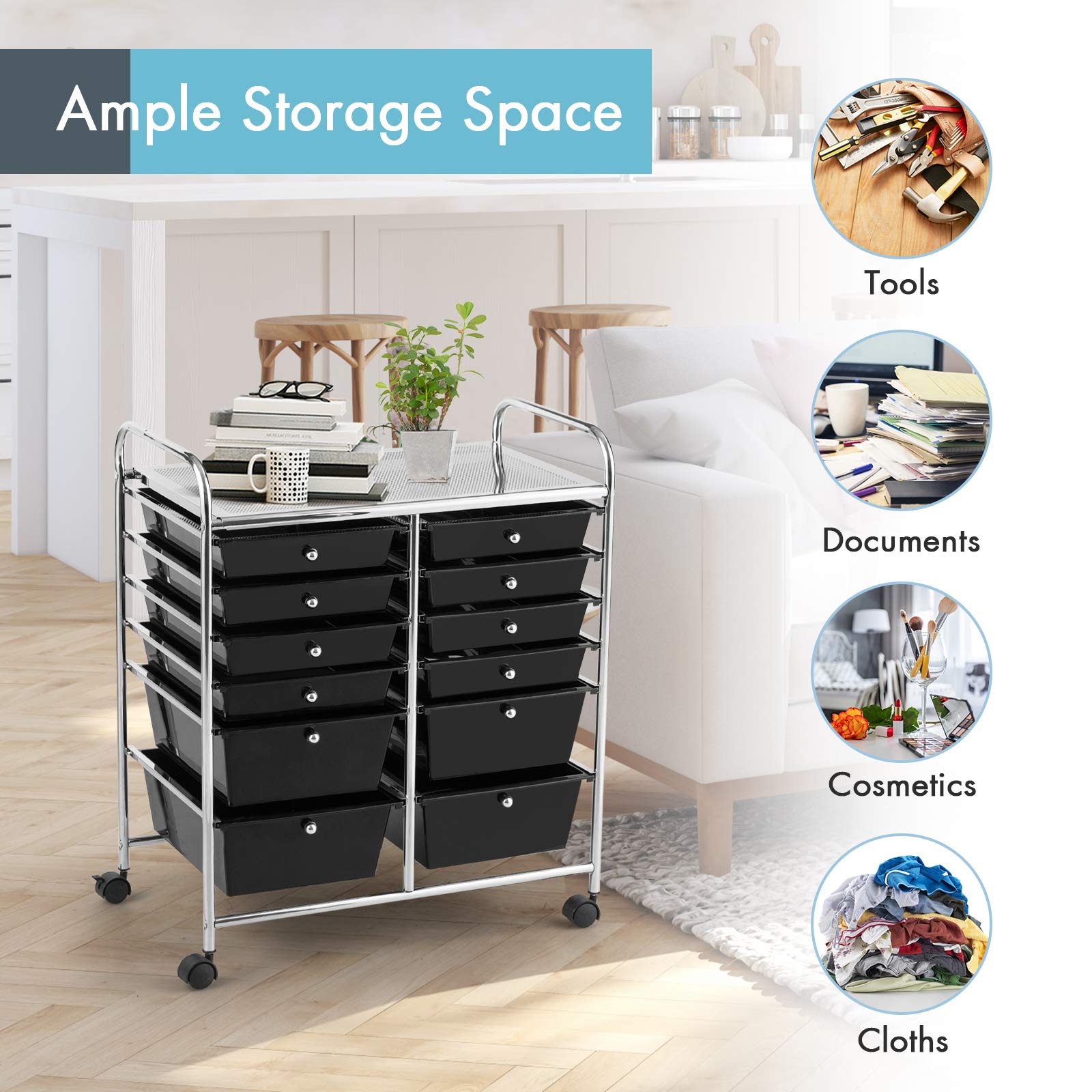 GOFLAME 12-Drawer Rolling Storage Cart, Multipurpose Organizer Cart with 2 Sizes Plastic Drawers, Mobile Utility Cart with Lockable Casters for School, Home Office, Beauty Salon, Black