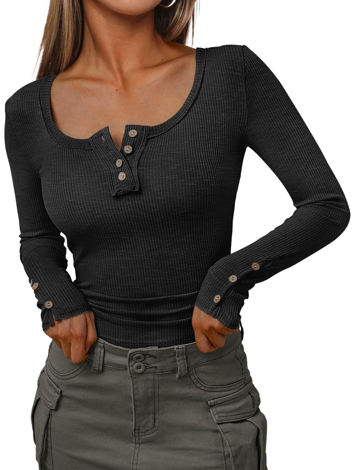 Kissfix Womens Long Sleeve Shirts Going Out Fall Clothes Casual Henley Tops Ribbed Knit Blouses Fashion Trendy Outfits A Black S