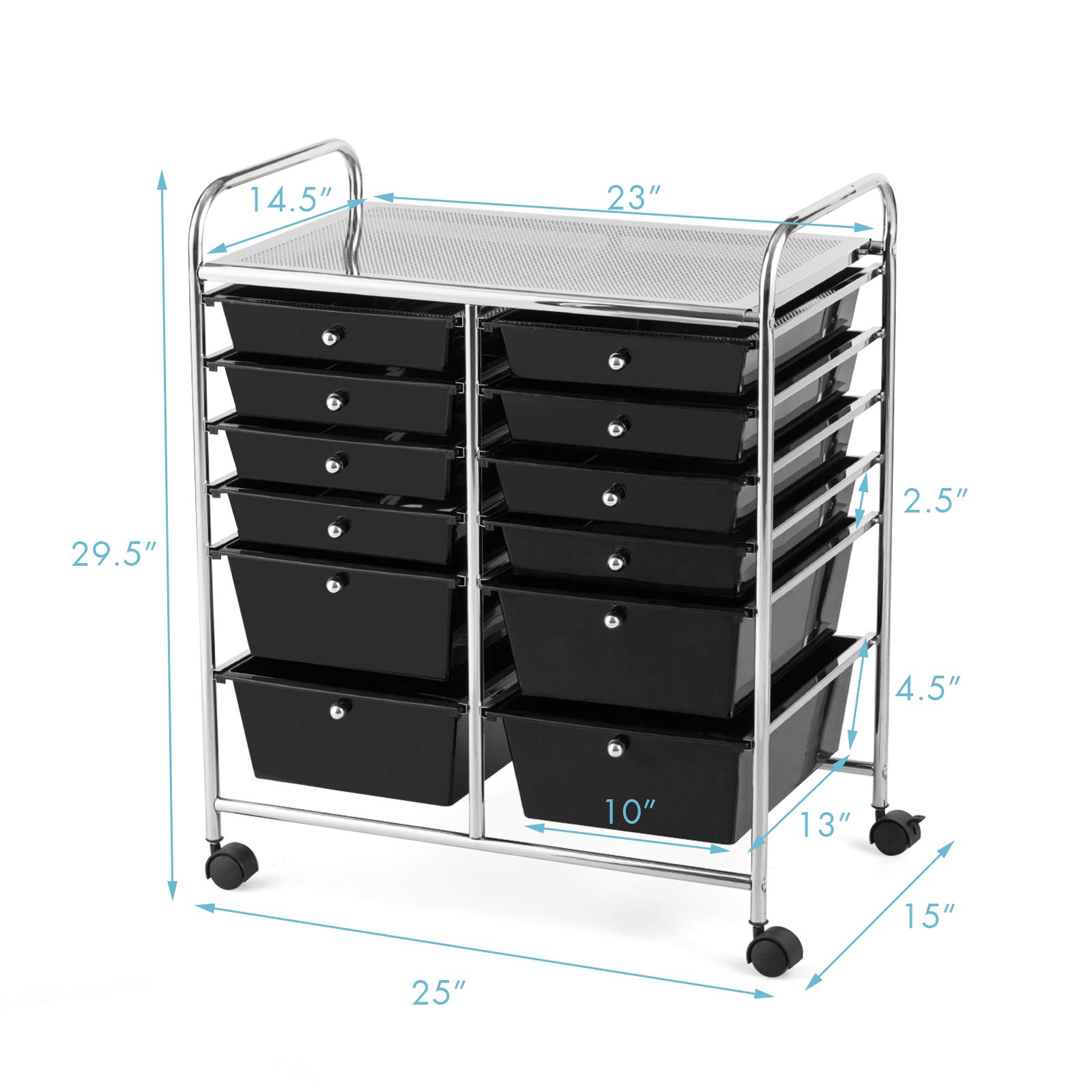 GOFLAME 12-Drawer Rolling Storage Cart, Multipurpose Organizer Cart with 2 Sizes Plastic Drawers, Mobile Utility Cart with Lockable Casters for School, Home Office, Beauty Salon, Black
