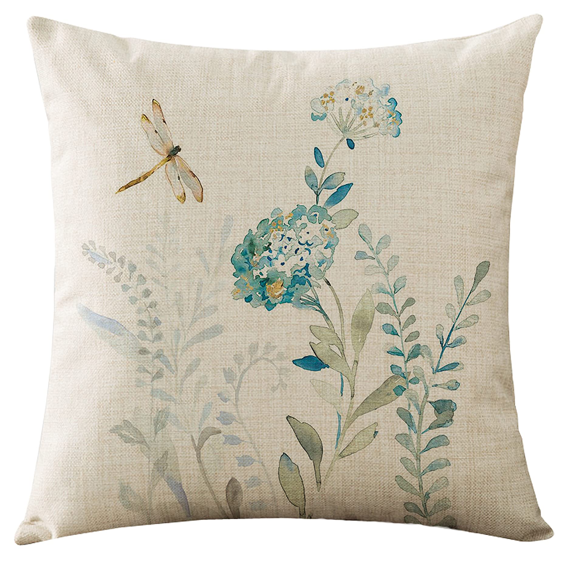WOMHOPE Decorative Throw Pillow Covers Spring Flower Bird Butterfly Pillow Cases Cushion Cases Burlap Toss 18 x 18 Inch,Set of 4 for Living Room,Couch and Bed (Small Blue Flower)