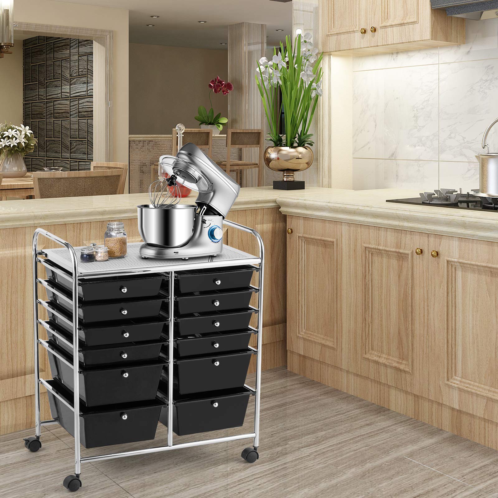 GOFLAME 12-Drawer Rolling Storage Cart, Multipurpose Organizer Cart with 2 Sizes Plastic Drawers, Mobile Utility Cart with Lockable Casters for School, Home Office, Beauty Salon, Black