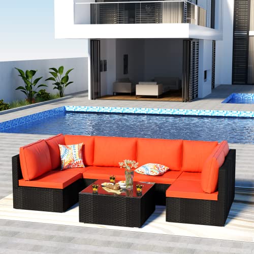 ESSENTIAL LOUNGER Outdoor Patio Furniture Set 7 Pieces Wicker Patio Conversation Set Outside Sectional Furniture Set Rattan Patio Sofa with Tempered Glass Table, Cushions & Pillows -Black,Orange