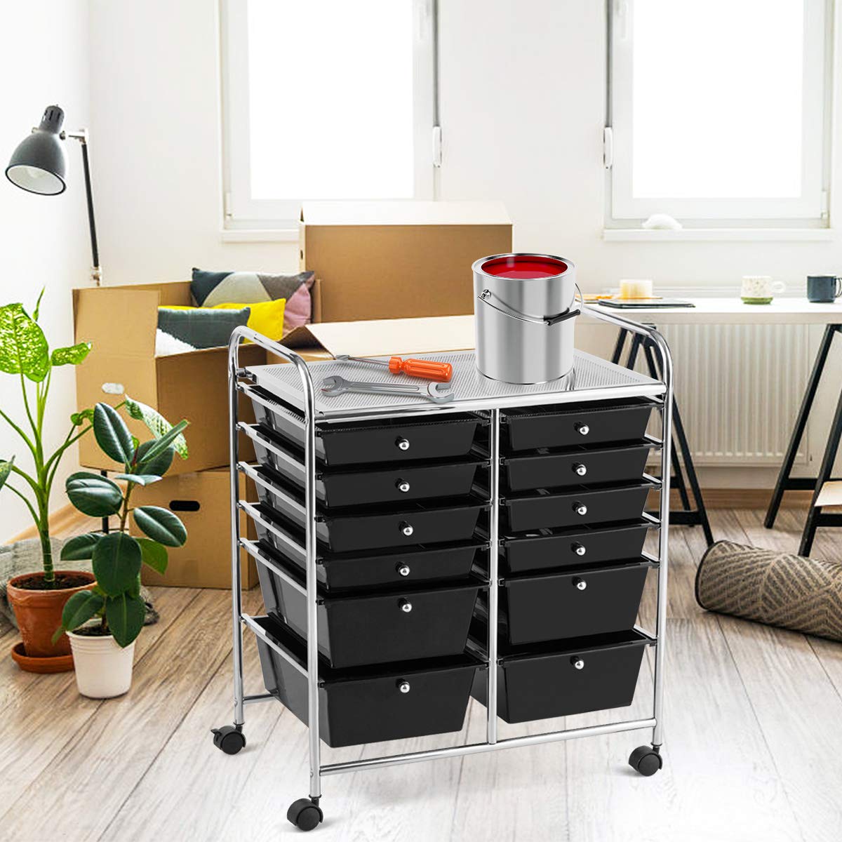GOFLAME 12-Drawer Rolling Storage Cart, Multipurpose Organizer Cart with 2 Sizes Plastic Drawers, Mobile Utility Cart with Lockable Casters for School, Home Office, Beauty Salon, Black