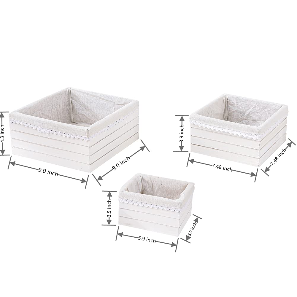 Quan Shuo Antique Square Nesting Box, Decorative Farmhouse Wooden Storage Box 3-Piece Set, White