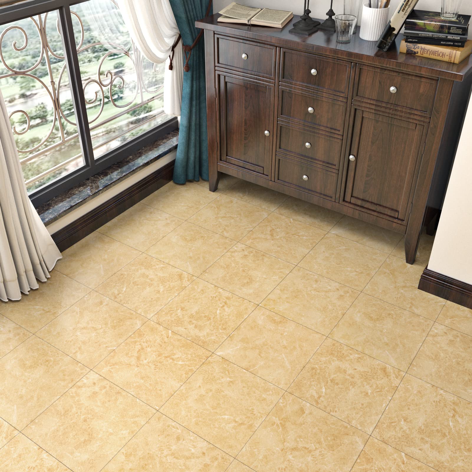 WESTICK Thick Yellow Marble Floor Tiles Peel and Stick Waterproof Bathroom Marble Floor Tiles Self Adhesive Removable Flooring Tile Stickers for Kitchen Bedroom, Beige Topaz Texture 12 x 12 IN 20 Pack