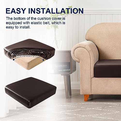 SUBRTEX Leather Waterproof Cushion Covers Breathable Sofa Seat Slipcpvers for 2-3-4 Seaters Stretch Replacement for Furniture Protector (2 Pack, Chocolate)
