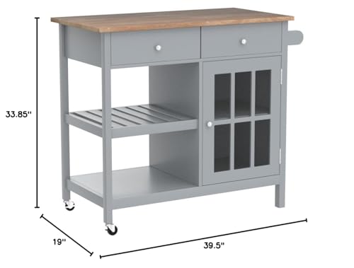ChooChoo Rolling Kitchen Island, Portable Kitchen Cart Wood Top Kitchen Trolley with Drawers and Glass Door Cabinet, Wine Shelf, Towel Rack, Gray