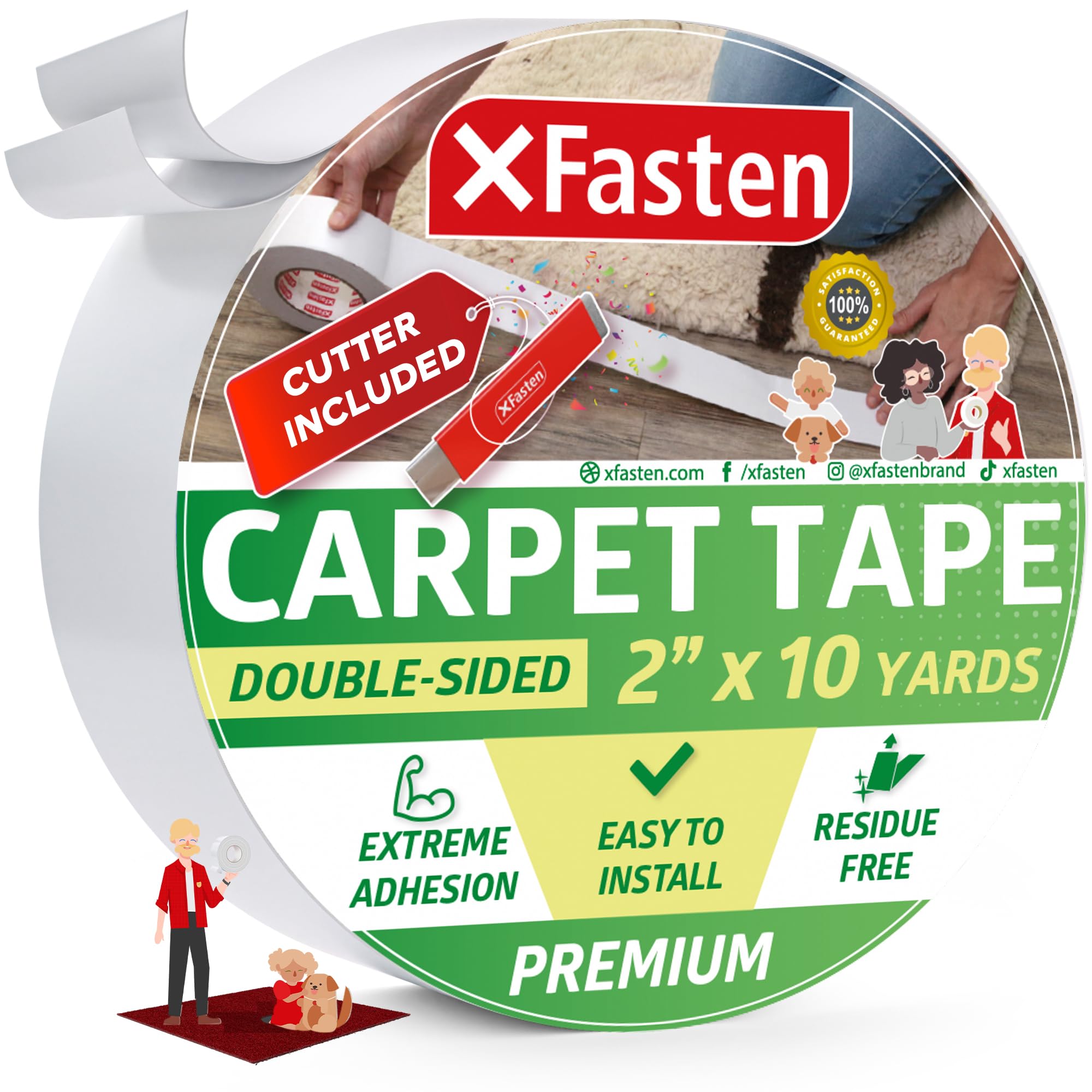 XFasten Double Sided Carpet Tape for Area Rugs 2 Inch x 10 Yards w/Mini Cutter Residue-Free Double Sided Rug Tape for Laminate Floors, Rug Tape Gripper for Carpet, Tape for Hardwood Floors