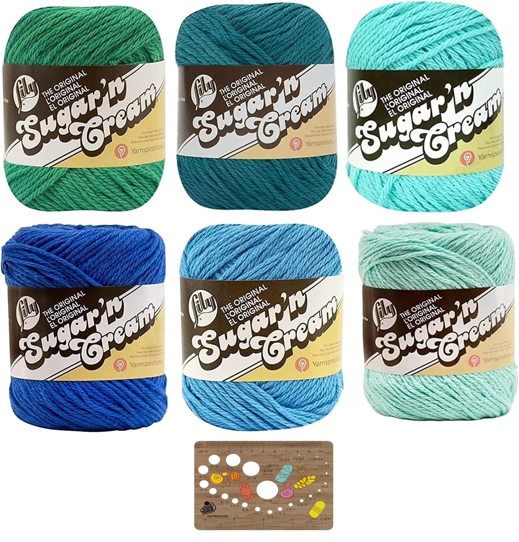 Lily Sugar 'n Cream Yarn Bundle Plus Bamboo Knitting Gauge 100% Cotton Worsted #4 Weight (Mix 106)