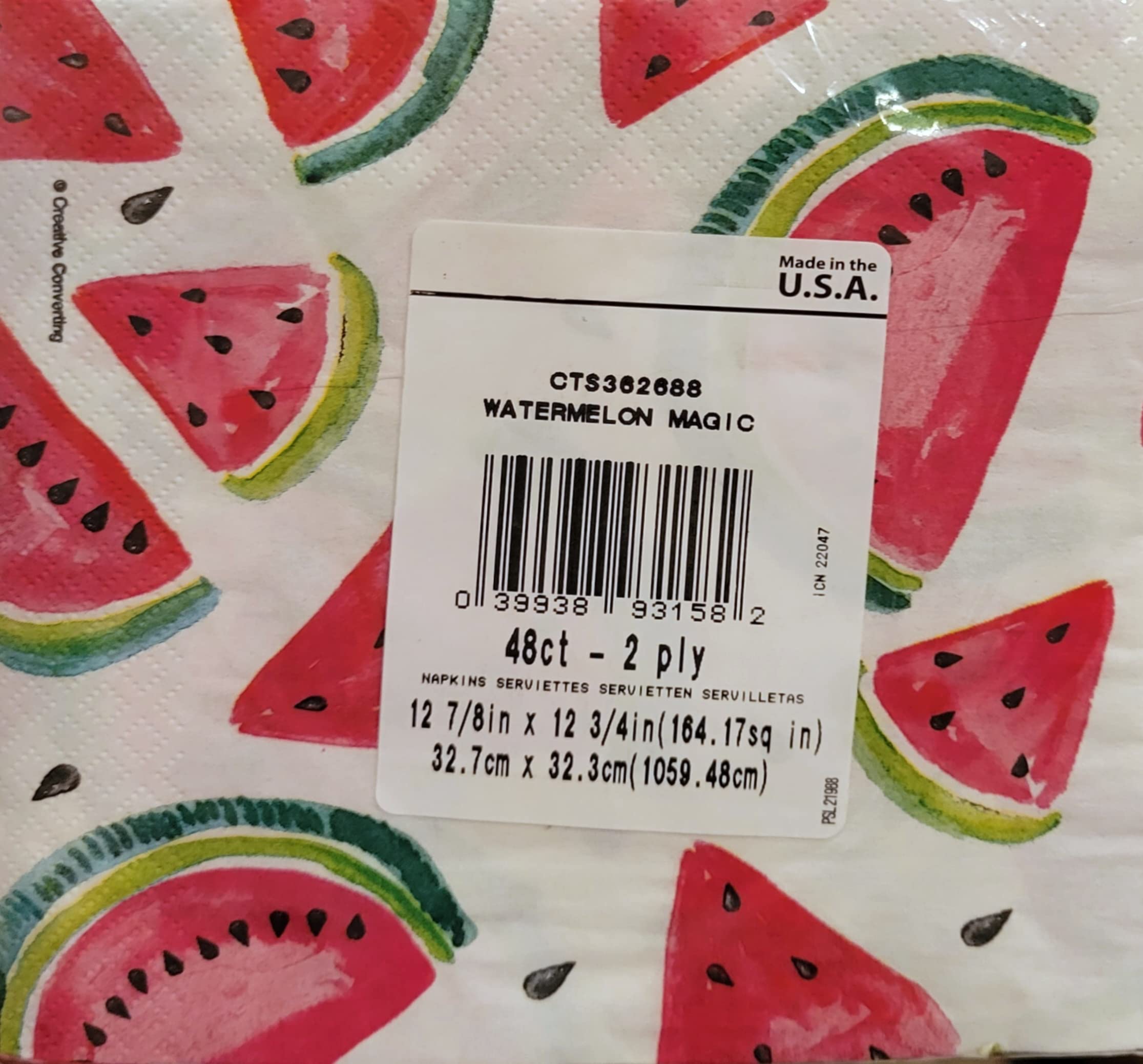 Watermelon Magic Paper Disposable Lunch Napkin | 6.5" x 6.5" size folded | 48 count | 2 ply | Made in the USA