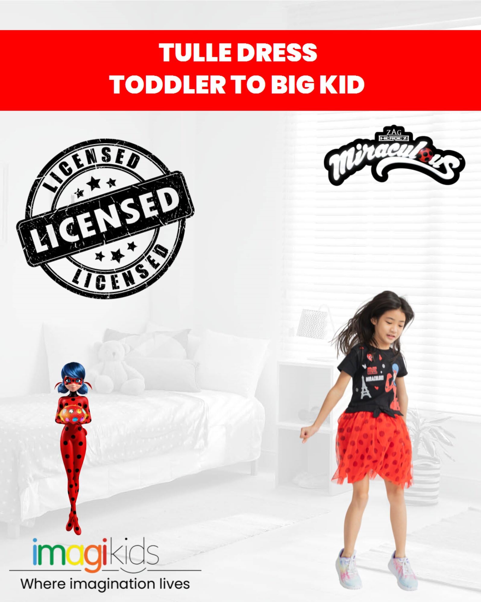 Miraculous Ladybug Little Girls Tulle Dress Black/Red 7-8