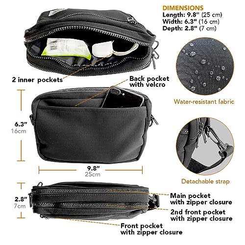 RMMOORORO Water Resistant Messenger Bag With Detachable Strap Crossbody Sling Purse Multi Pockets for hiking travel sports Black
