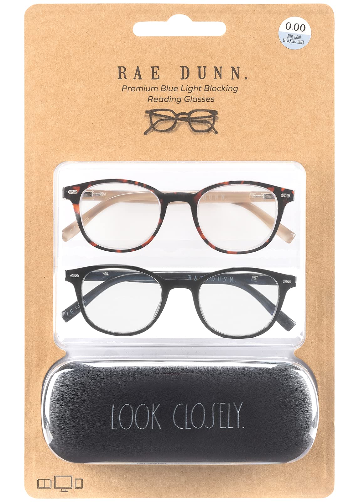 Rae Dunn "ELIZA Blue Light Blocking Reading Glasses - 2 Pack w/LOOK CLOSELY Signature Font Hard Case (Glossy Standard Tortoise/Glossy Jet Black, +0.0)