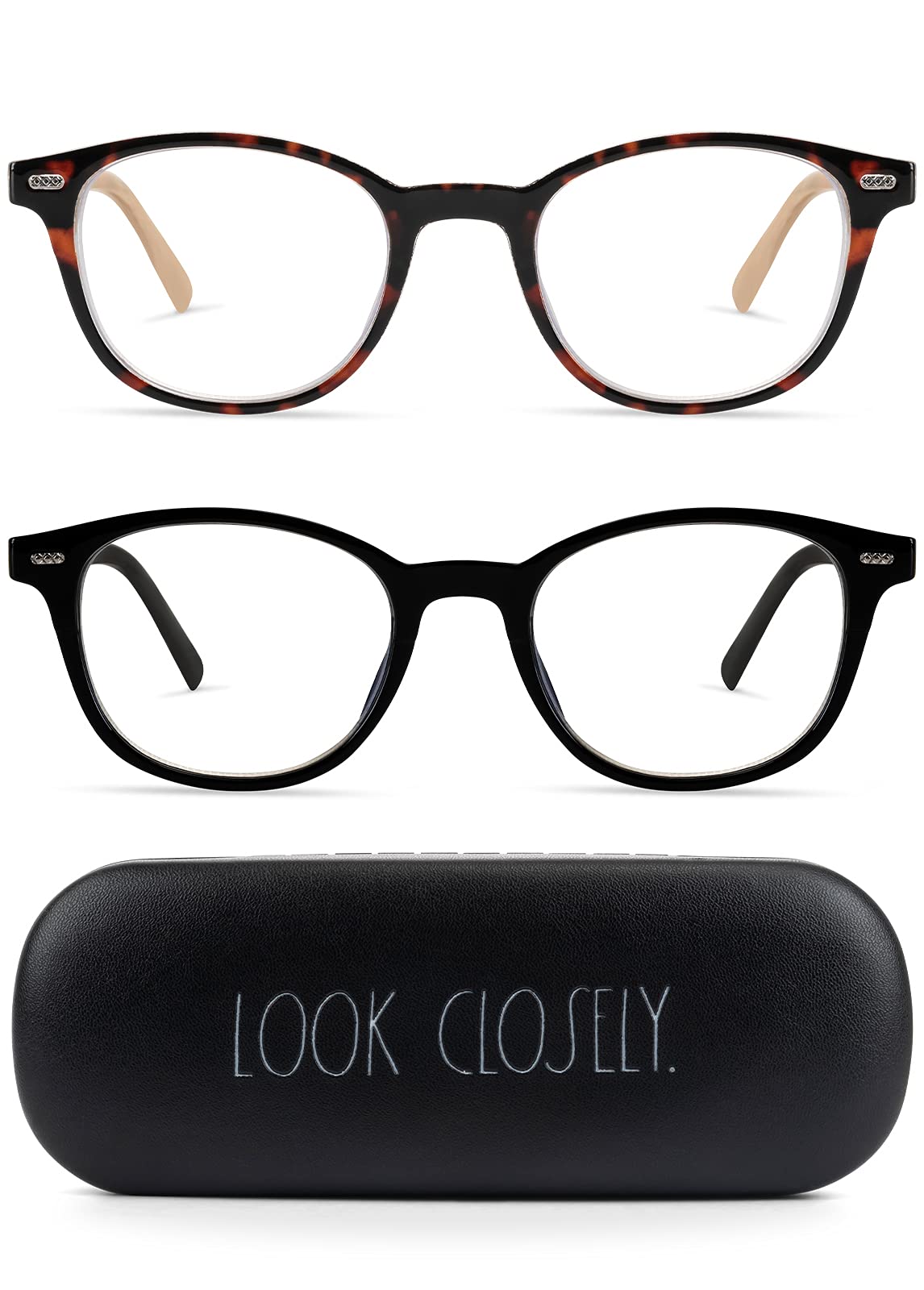 Rae Dunn "ELIZA Blue Light Blocking Reading Glasses - 2 Pack w/LOOK CLOSELY Signature Font Hard Case (Glossy Standard Tortoise/Glossy Jet Black, +0.0)