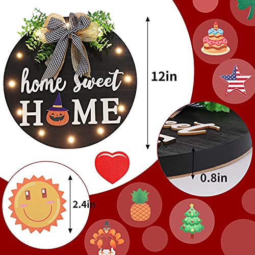 Interchangeable Welcome Sign for Front Door with 14 Changeable Icons, Farmhouse Front Porch Decor Rustic Wooden Wall Sign with 12 LED Lights, Outdoor Seasonal Welcome Home Decorations (Black1)