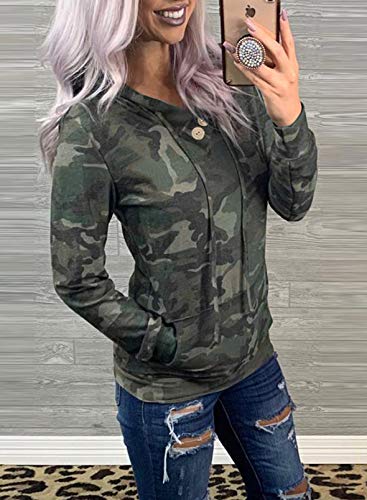 Dokotoo Women's Casual Camo Hoodies Long Sleeve Sweatshirt Drawstring V-Neck Pullover Loose Tops Shirts with Kangroo Pocket 2024 Fashion Fall Hooded Sweatshirt Green Medium