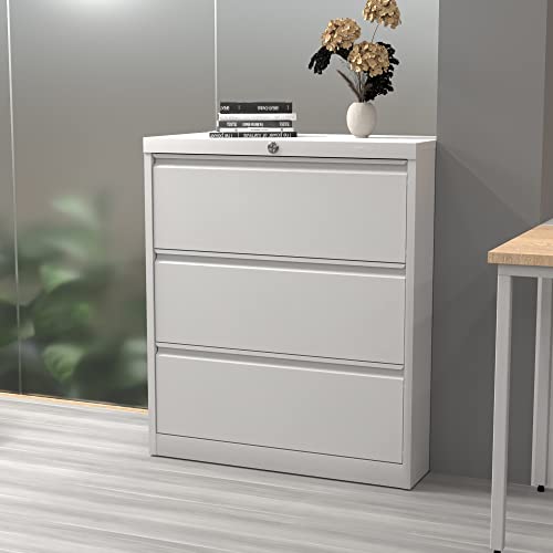 GangMei 3 Drawer Metal Lateral File Cabinet with Lock, Lateral Filing Cabinet for Letter/Legal Size Folders for Home Office,Assembly Required, White, 3 Drawer