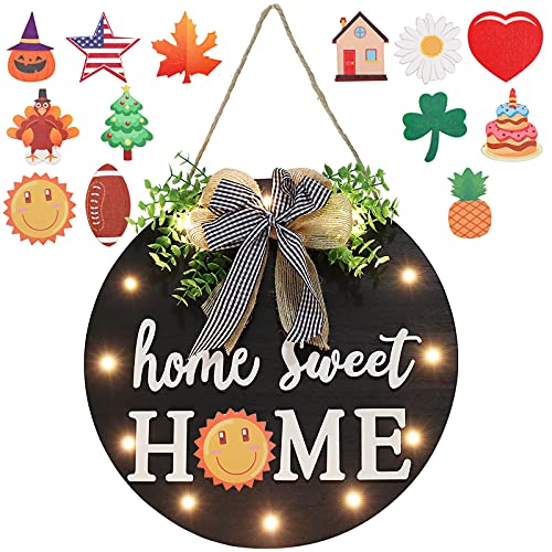 Interchangeable Welcome Sign for Front Door with 14 Changeable Icons, Farmhouse Front Porch Decor Rustic Wooden Wall Sign with 12 LED Lights, Outdoor Seasonal Welcome Home Decorations (Black1)