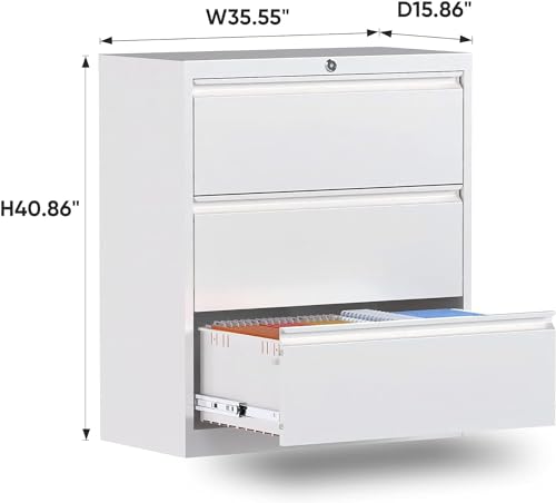 GangMei 3 Drawer Metal Lateral File Cabinet with Lock, Lateral Filing Cabinet for Letter/Legal Size Folders for Home Office,Assembly Required, White, 3 Drawer