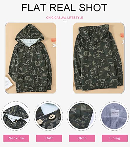 Dokotoo Women's Casual Camo Hoodies Long Sleeve Sweatshirt Drawstring V-Neck Pullover Loose Tops Shirts with Kangroo Pocket 2024 Fashion Fall Hooded Sweatshirt Green Medium