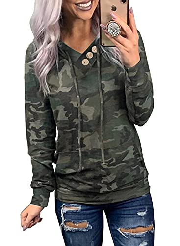 Dokotoo Women's Casual Camo Hoodies Long Sleeve Sweatshirt Drawstring V-Neck Pullover Loose Tops Shirts with Kangroo Pocket 2024 Fashion Fall Hooded Sweatshirt Green Medium