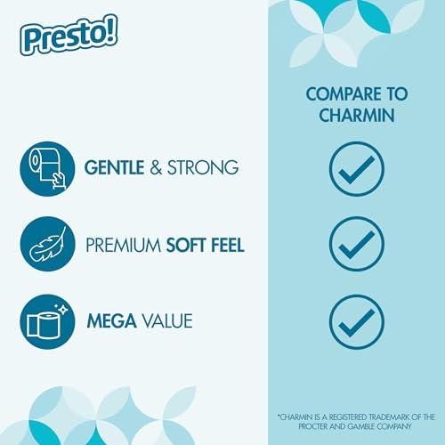 Amazon Brand - Presto! 313 2-Ply Sheet Mega Roll Toilet Paper, Unscented, Ultra-Soft, 12 Rolls (2 Packs of 6), Equivalent to 60 Regular Rolls, White