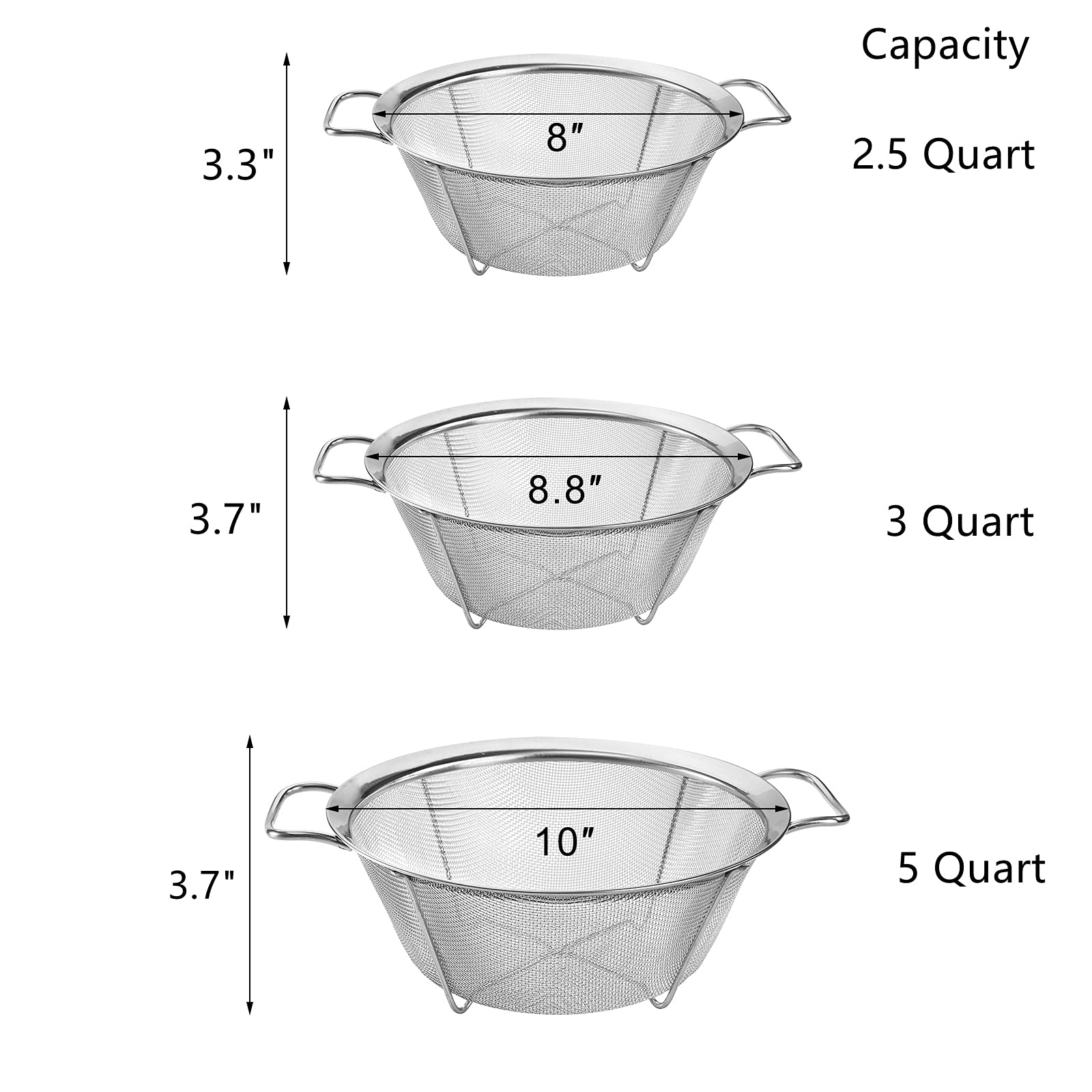 Dicunoy Set of 3 Strainers and Colanders, Stainless Steel Mesh Strainer Basket with Handle, Stackable Mesh Footed Colander for Rinse Food, Fruit, Vegetable, Strain, Drain (2.5/3/5 Quart)