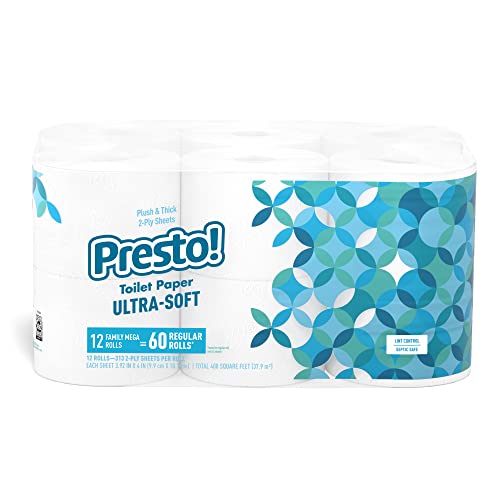 Amazon Brand - Presto! 313 2-Ply Sheet Mega Roll Toilet Paper, Unscented, Ultra-Soft, 12 Rolls (2 Packs of 6), Equivalent to 60 Regular Rolls, White