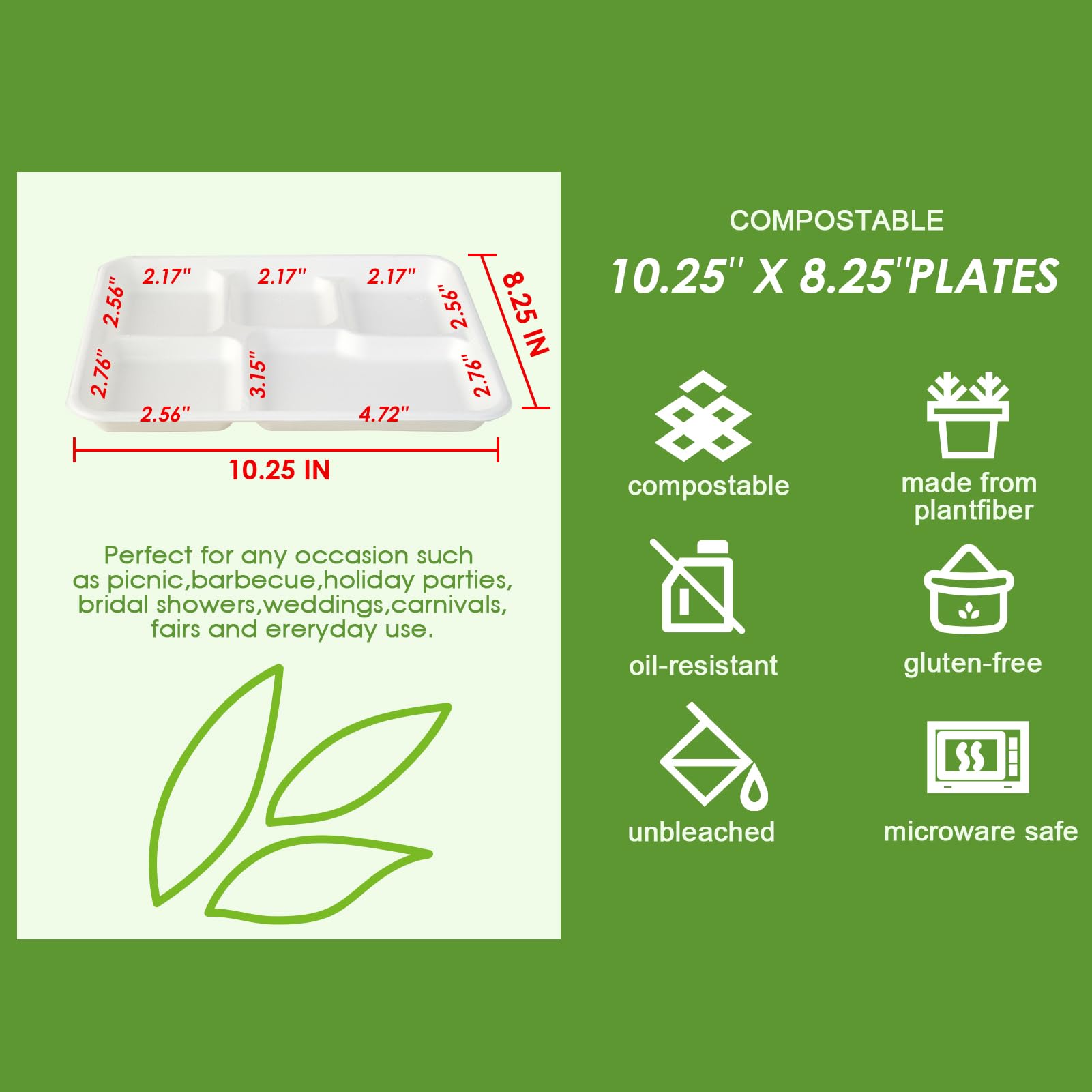 Vplus 100% Compostable 5 Compartment Plates 125 Pack Eco-Friendly Disposable Sugarcane 10 x 8 inch Bagasse School Lunch Tray Perfect for Boys and Girls