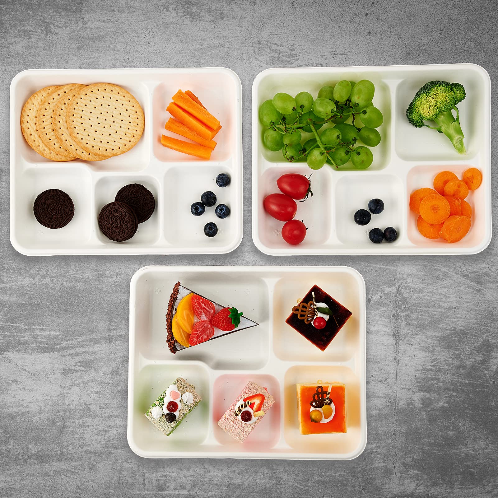 Vplus 100% Compostable 5 Compartment Plates 125 Pack Eco-Friendly Disposable Sugarcane 10 x 8 inch Bagasse School Lunch Tray Perfect for Boys and Girls