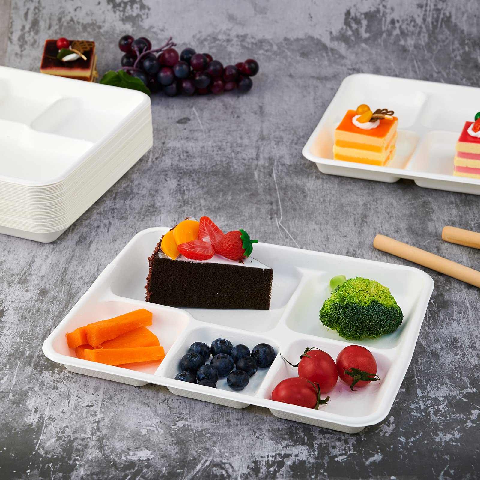 Vplus 100% Compostable 5 Compartment Plates 125 Pack Eco-Friendly Disposable Sugarcane 10 x 8 inch Bagasse School Lunch Tray Perfect for Boys and Girls