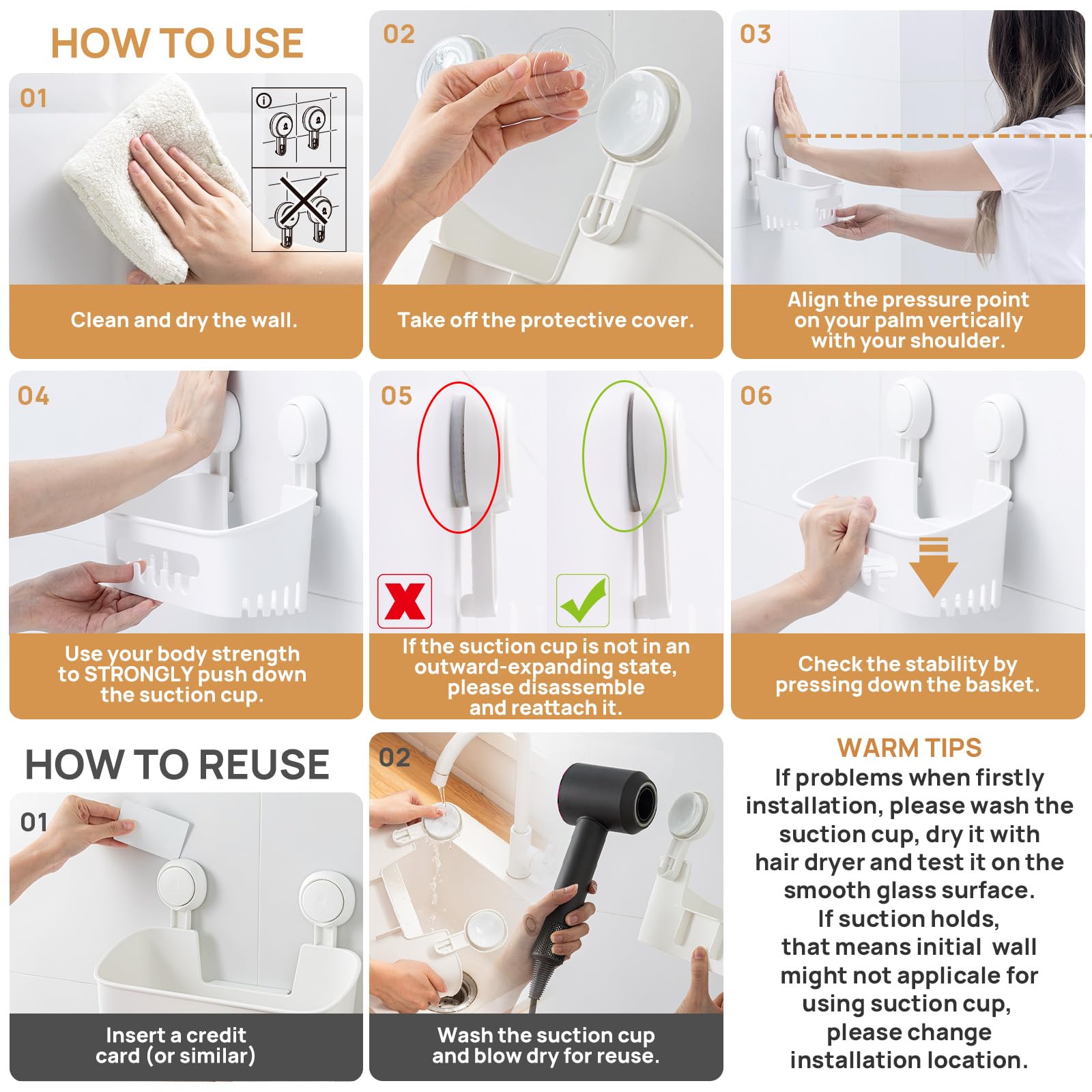 LEVERLOC Shower Caddy Suction Cup 2 Pack, Shower Organizer Removable Bathroom Shelf, Storage Suction Powerful Max Hold 22lbs Bathroom Caddy Waterproof Holder, White