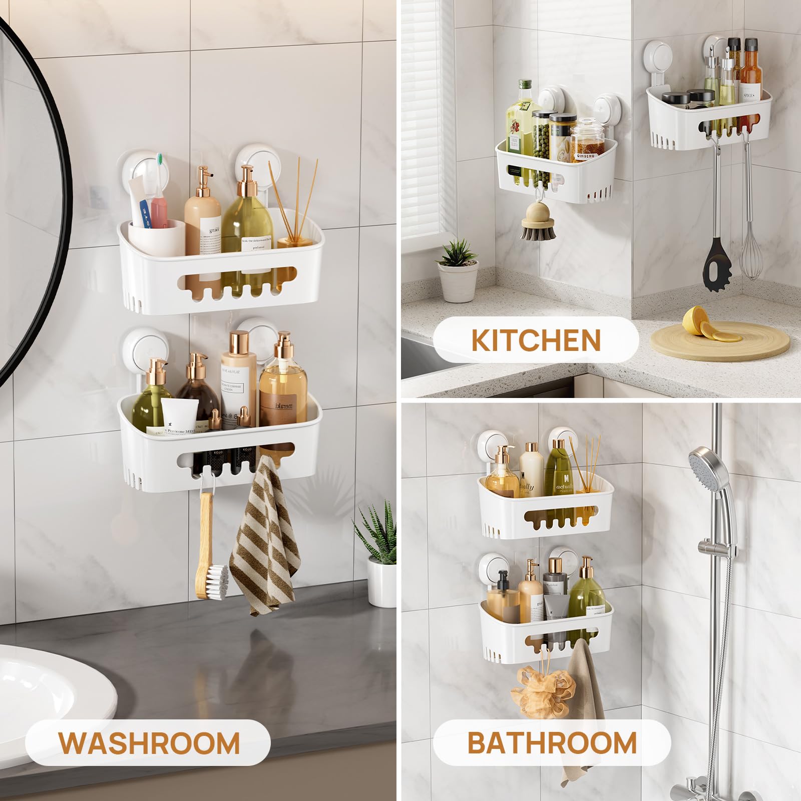 LEVERLOC Shower Caddy Suction Cup 2 Pack, Shower Organizer Removable Bathroom Shelf, Storage Suction Powerful Max Hold 22lbs Bathroom Caddy Waterproof Holder, White