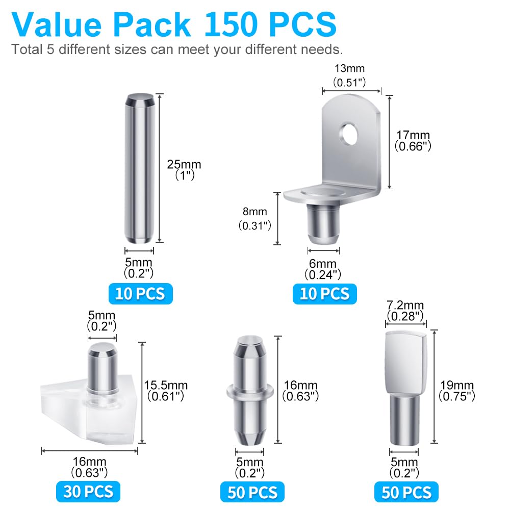 SEANSDA 150PCS Shelf Pegs for Shelves, 5 Styles Shelf Pins, Kitchen Cabinet Shelf Pegs, Metal Shelf Support Pegs, Nickel Plated Shelf Holders Pegs, Shelf Clips for Wood Shelving Bookshelf (5mm & 6mm)