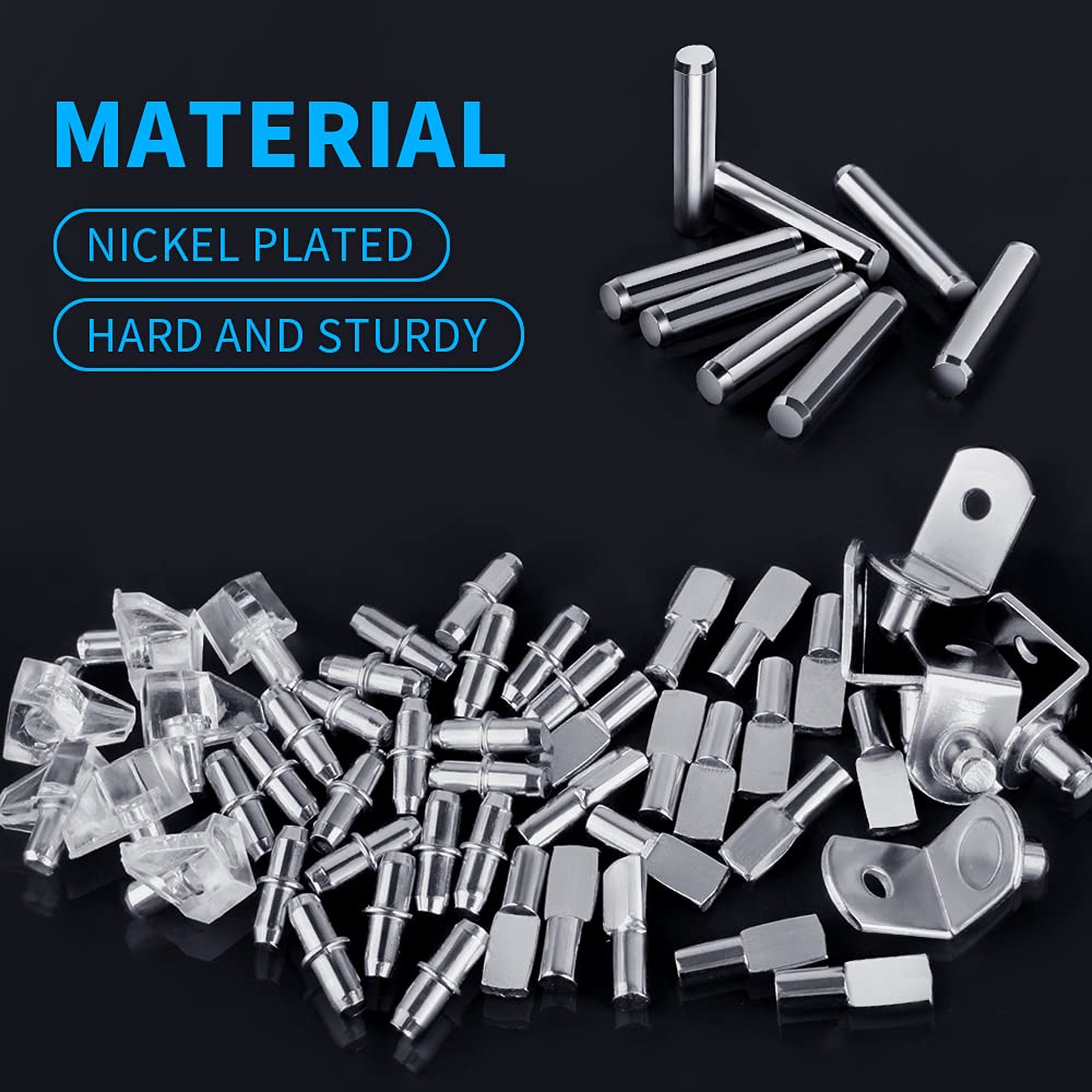 SEANSDA 150PCS Shelf Pegs for Shelves, 5 Styles Shelf Pins, Kitchen Cabinet Shelf Pegs, Metal Shelf Support Pegs, Nickel Plated Shelf Holders Pegs, Shelf Clips for Wood Shelving Bookshelf (5mm & 6mm)