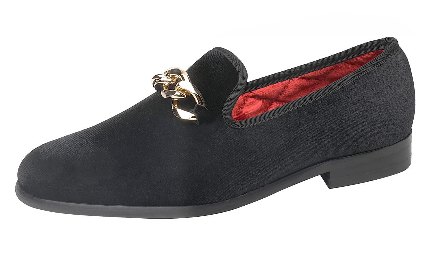 ELANROMAN Men's Velvet Loafers Fashion Gold Chain Penny Slip on Party Wedding Prom Shoes Black US 7