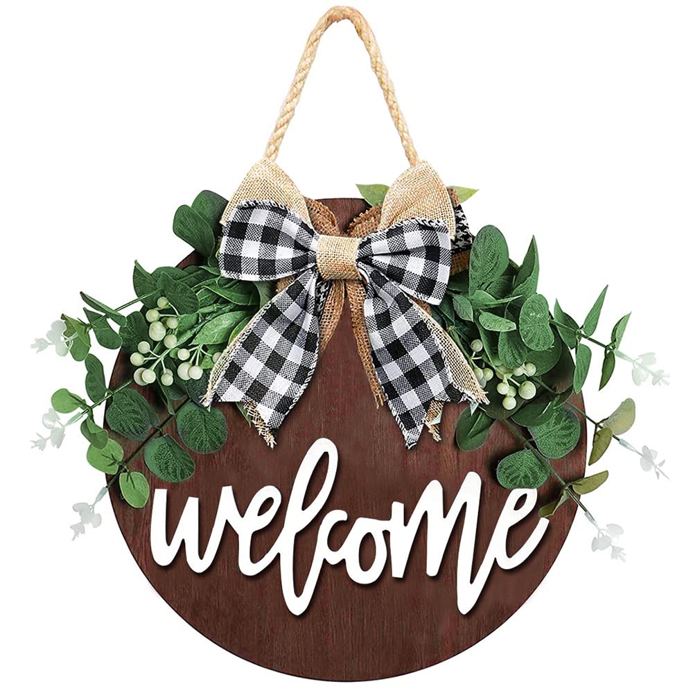 Welcome Sign for Front Door, Decor for Farmhouse Porch, Rustic Welcome Wreaths with Stapled Greenery, Round Wooden Hanging Housewarming Gift for Home Outdoor Indoorā¦