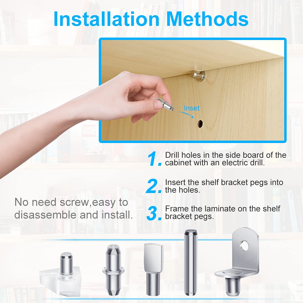 SEANSDA 150PCS Shelf Pegs for Shelves, 5 Styles Shelf Pins, Kitchen Cabinet Shelf Pegs, Metal Shelf Support Pegs, Nickel Plated Shelf Holders Pegs, Shelf Clips for Wood Shelving Bookshelf (5mm & 6mm)