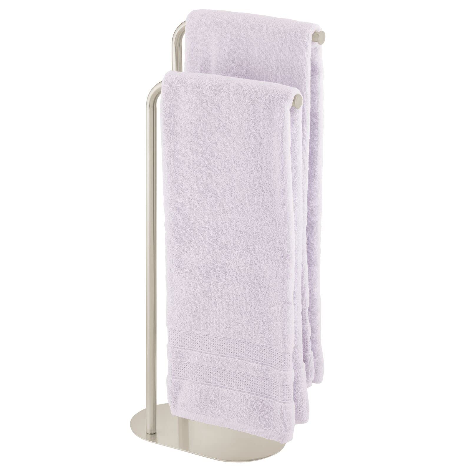 mDesign Tall Stainless Freestanding Towel Rack Holder - 2 Tier Minimalist Pedestal Hanger Holders for Kitchen and Bathroom - Racks for Bath, Hand, Dish, and Tea Towels or Washcloths - Satin